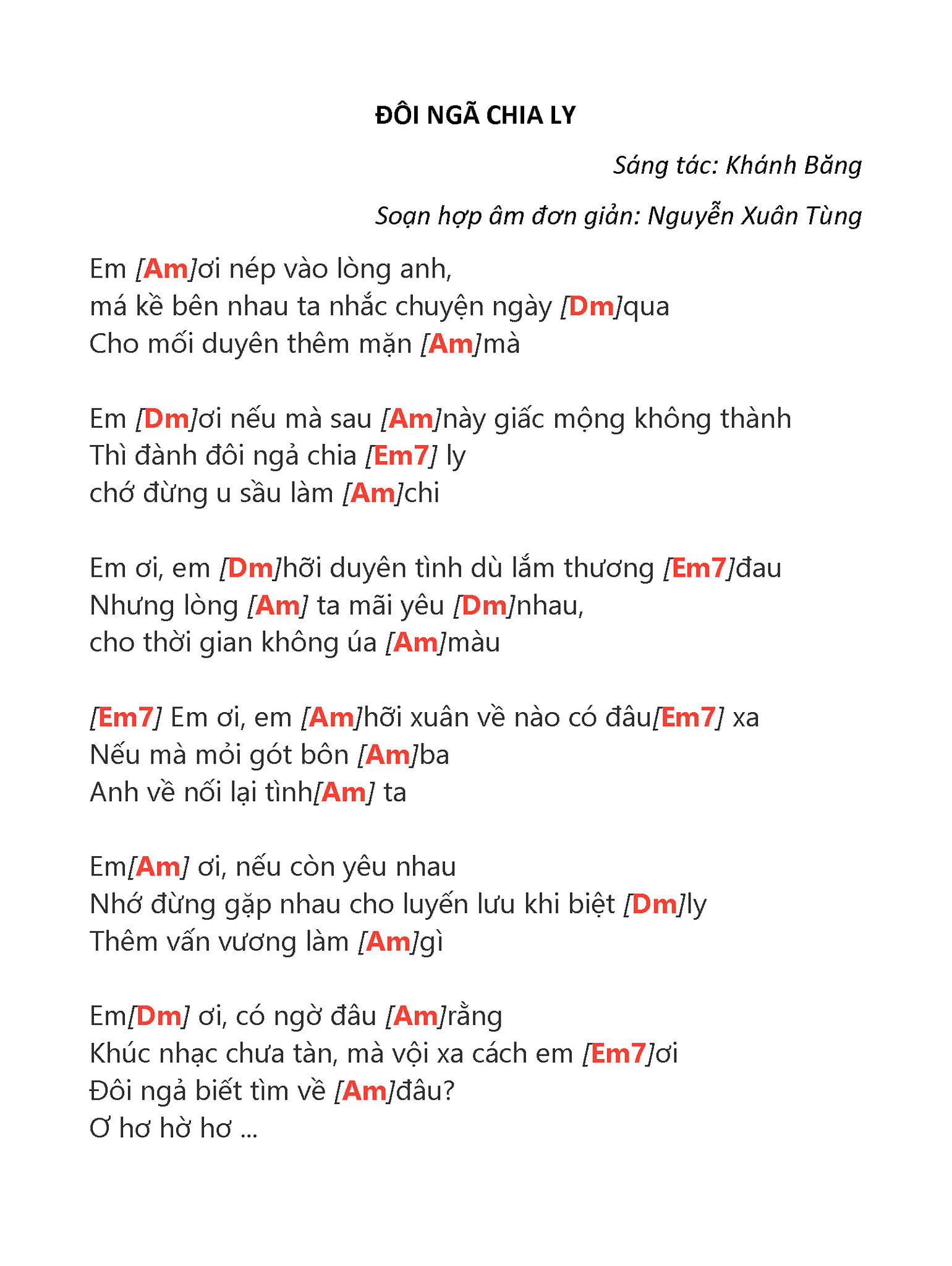 Đôi ngã chia ly Sheet nhạc 3 hợp âm - Nguyễn Xuân Tùng