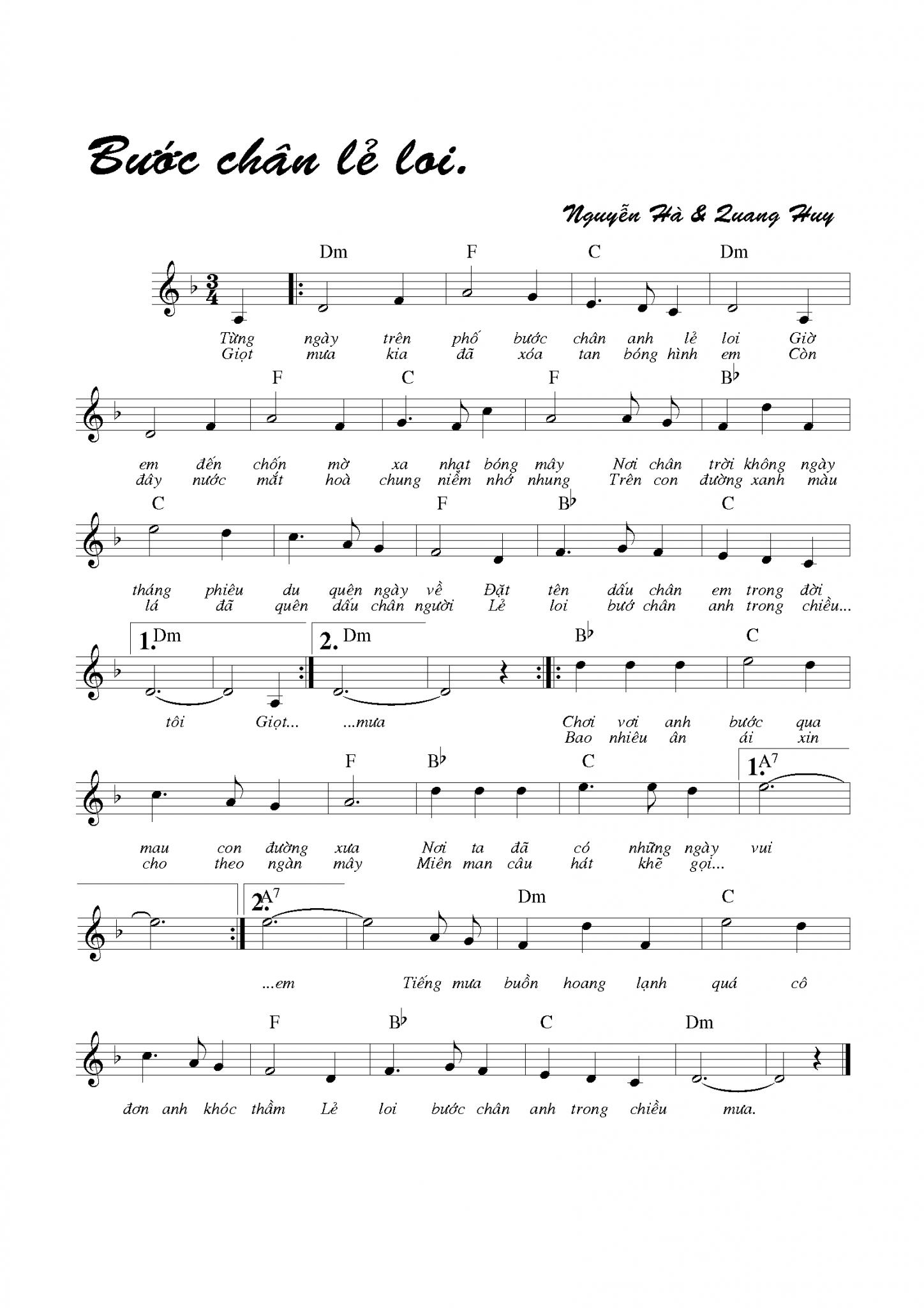 Sheet nhạc hợp âm: Bước chân lẻ loi - Nguyễn Xuân Tùng