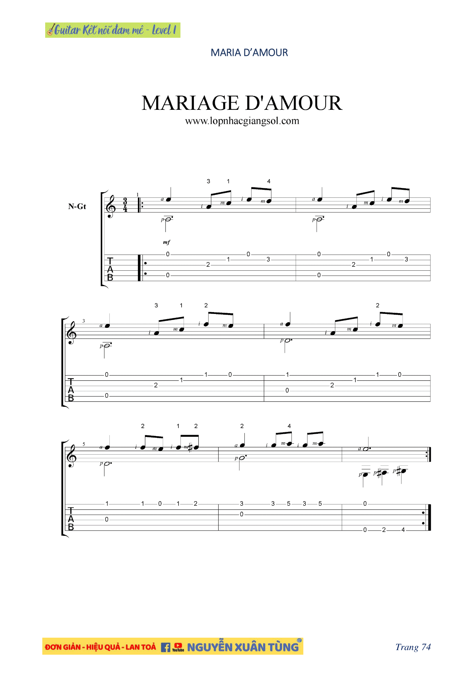 Tab Guitar Mariage D' Amour - Nguyễn Xuân Tùng