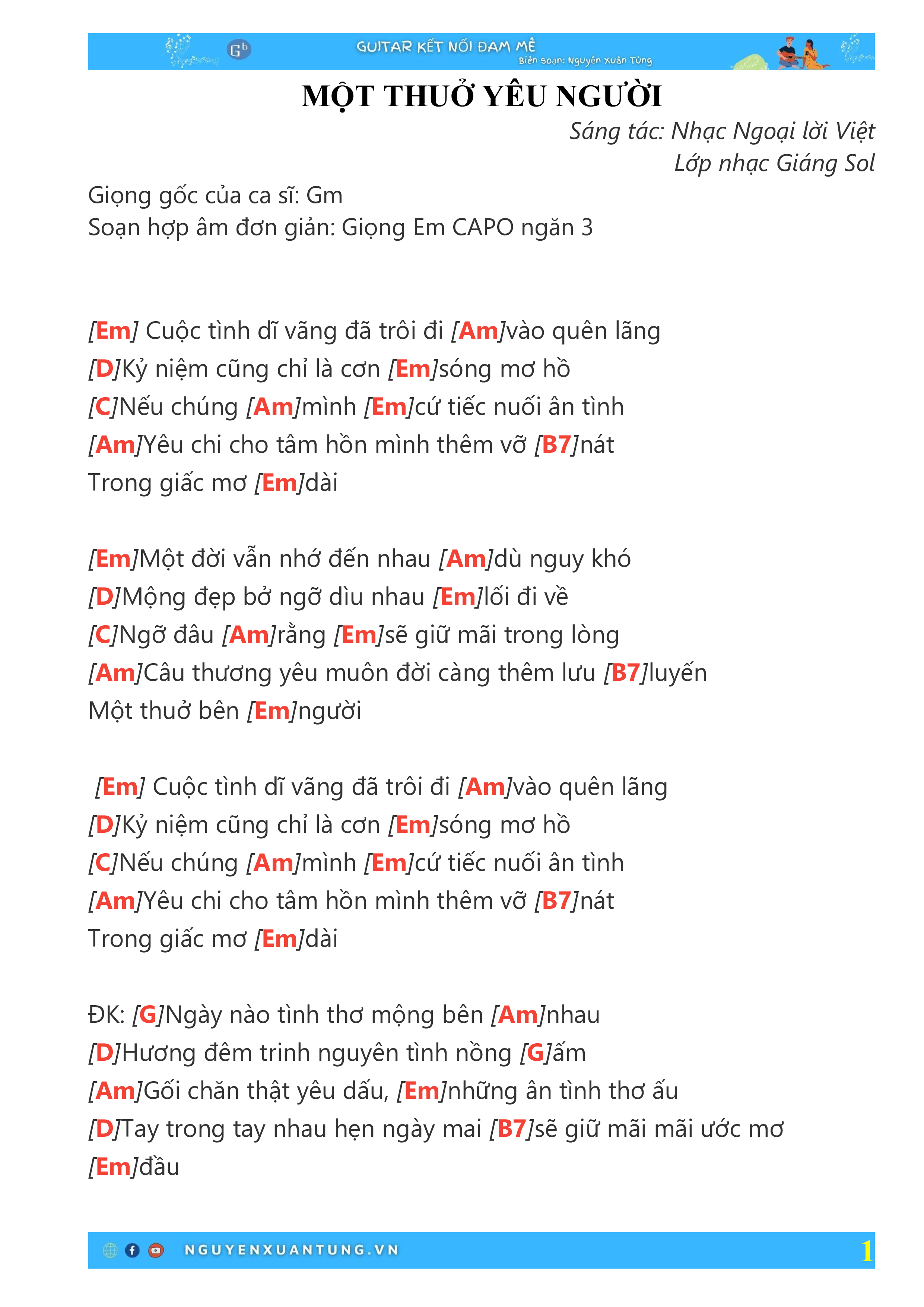 Hợp âm một Thuở Yêu Người - Nguyễn Xuân Tùng