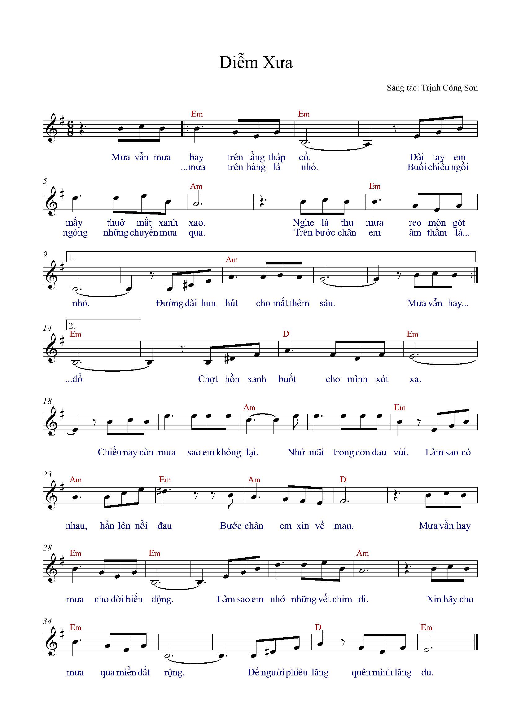 Sheet nhạc Diễm Xưa - Nguyễn Xuân Tùng