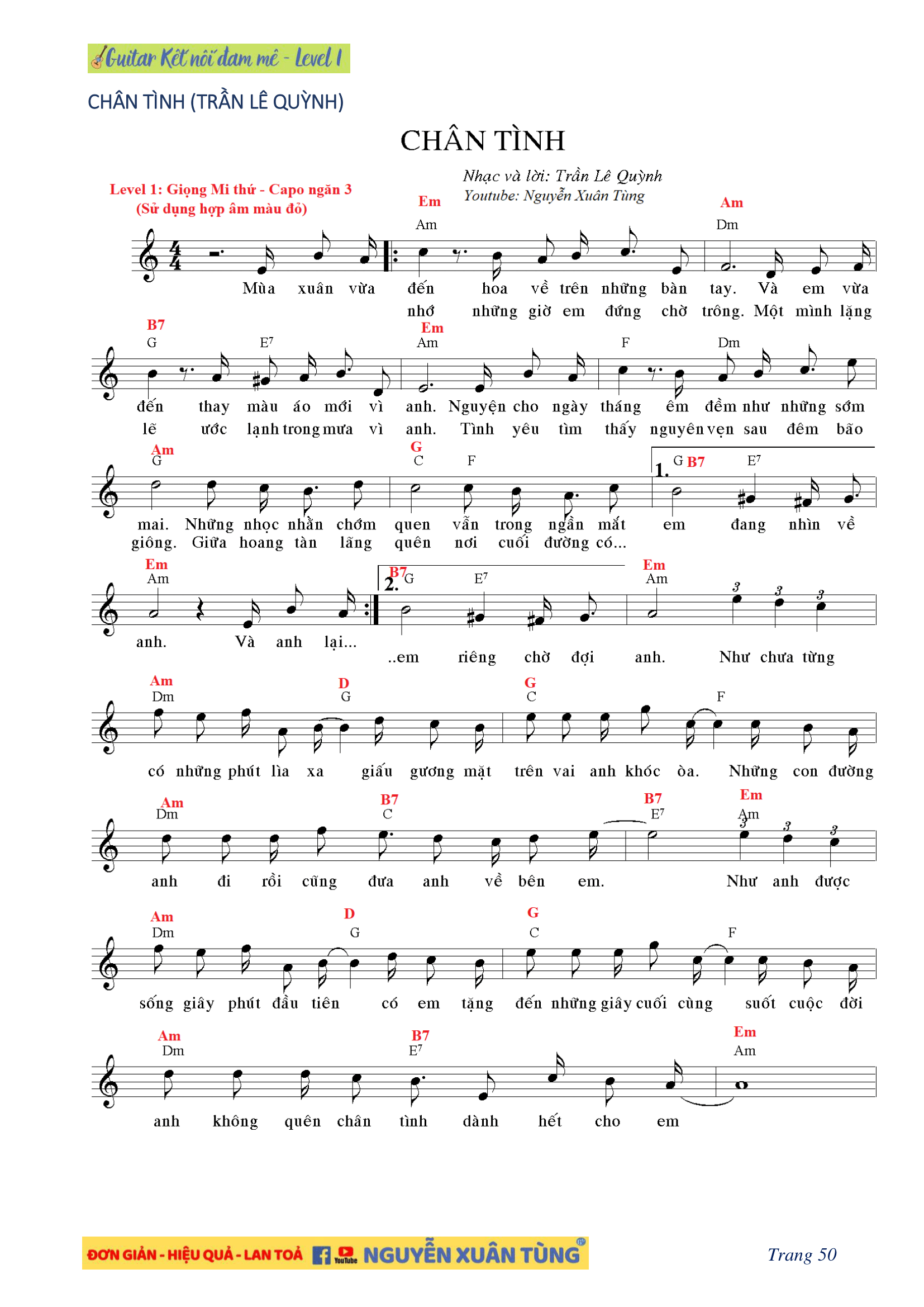 Sheet nhạc Chân tình ( Trần lê Quỳnh ) - Nguyễn Xuân Tùng