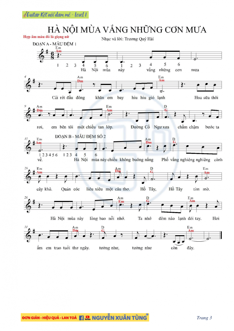 Sheet nhạc Hà Nội mùa vắng những cơn mưa ( Trương Quý Hải) - Nguyễn ...